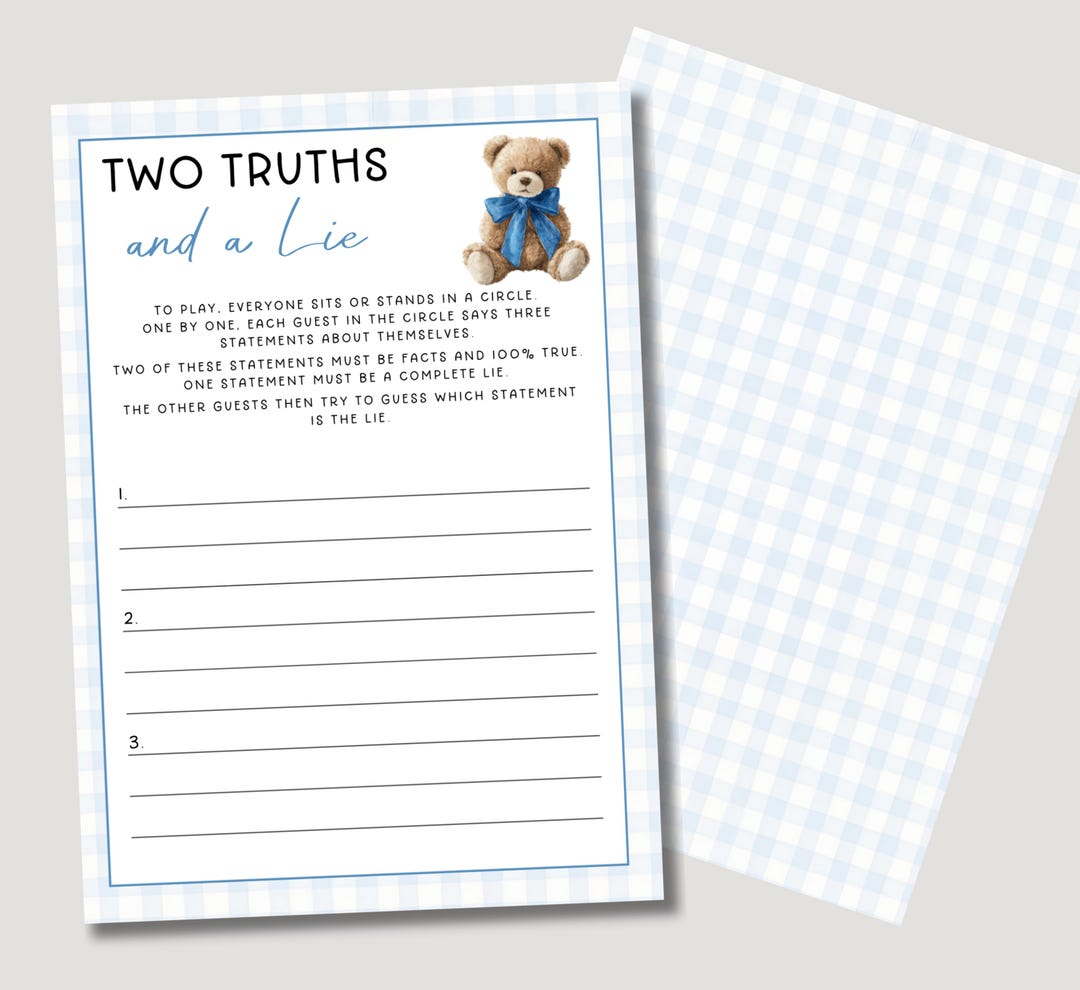Blue Teddy Bear Themed Baby Shower Game - Two Truths & a Lie | Printed ...