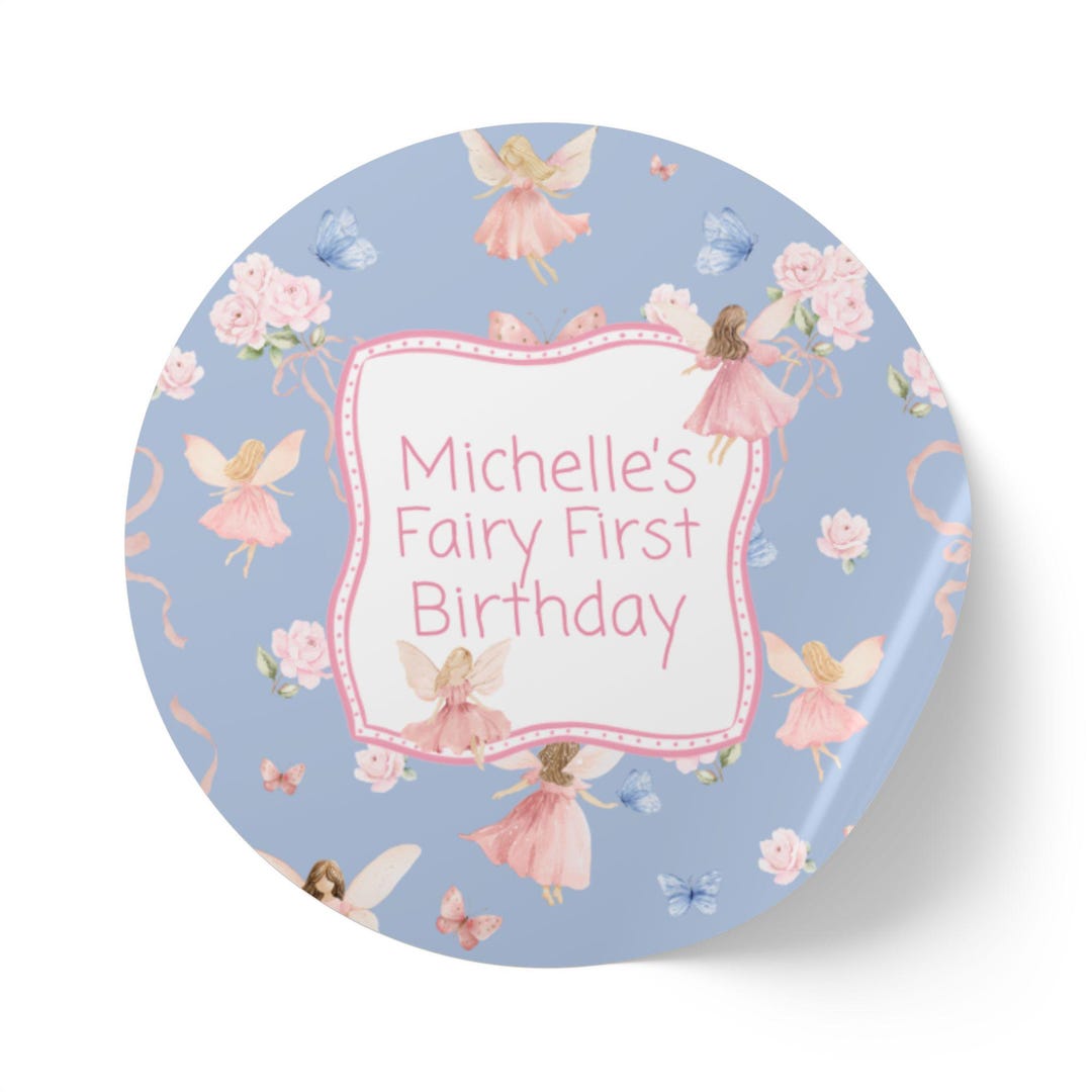 Fairy First Birthday Party Digital Sticker Labels | Pink Fairy Mushroom ...