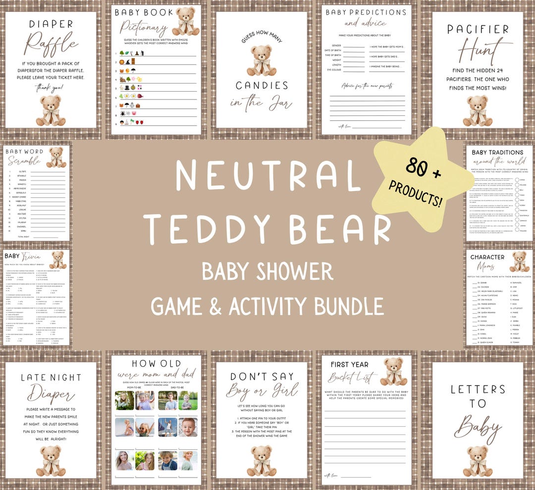 Neutral Teddy Bear Themed Baby Shower Games & Activity Bundle ...