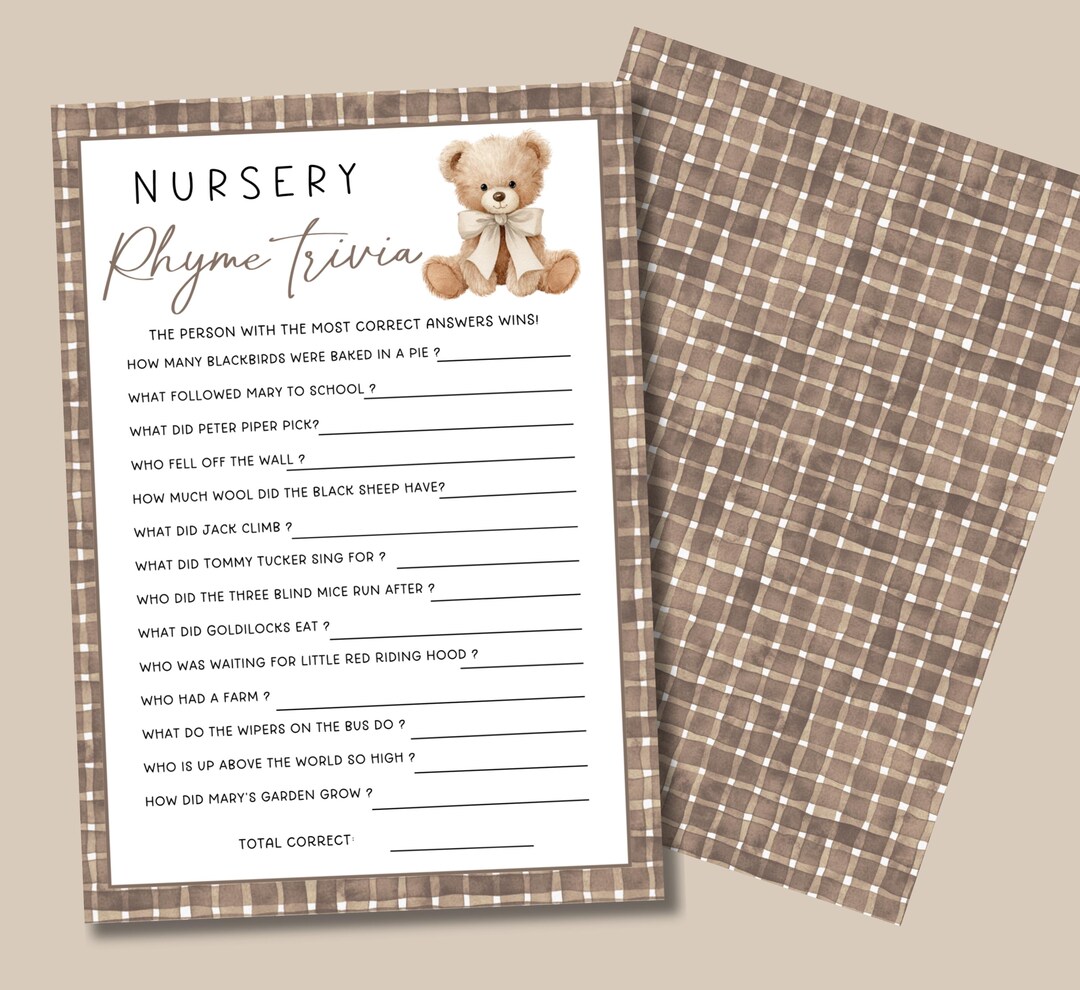 Teddy Bear Baby Shower Game - Nursery Rhyme Trivia! | Printed 5x7 ...