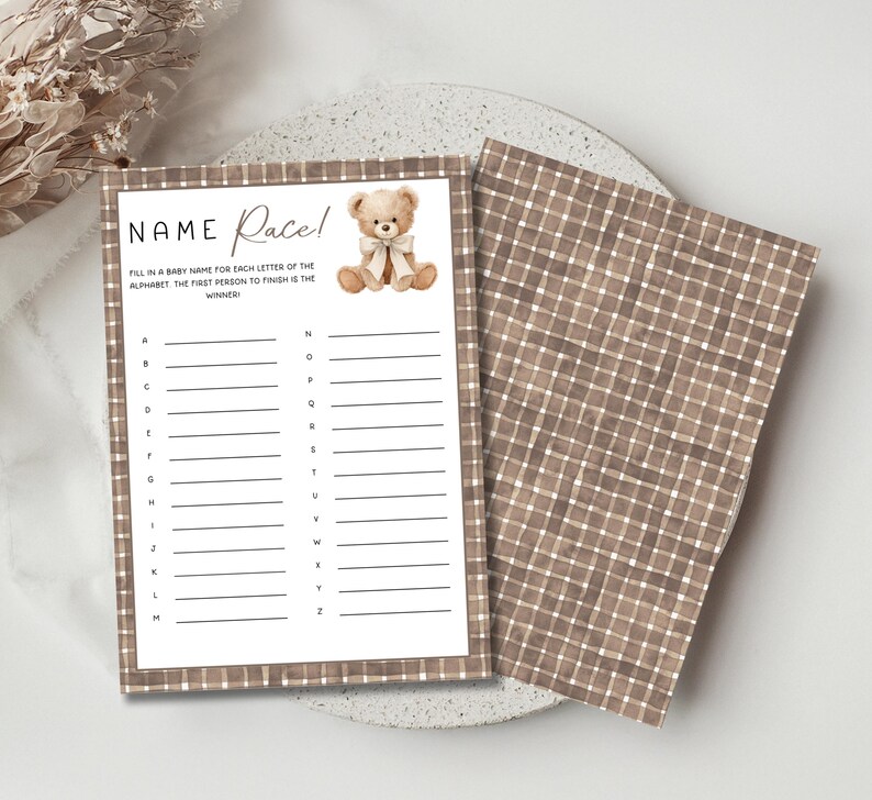 Teddy Bear Baby Shower Game - Name Race! | Printed 5x7 | Watercolor ...