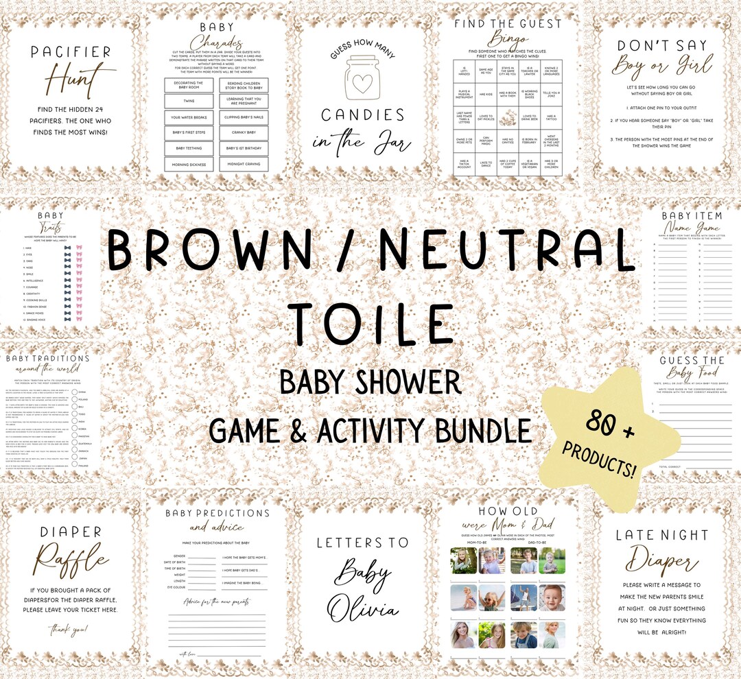 Neutral Brown Toile Themed Baby Shower Games & Activity Bundle ...