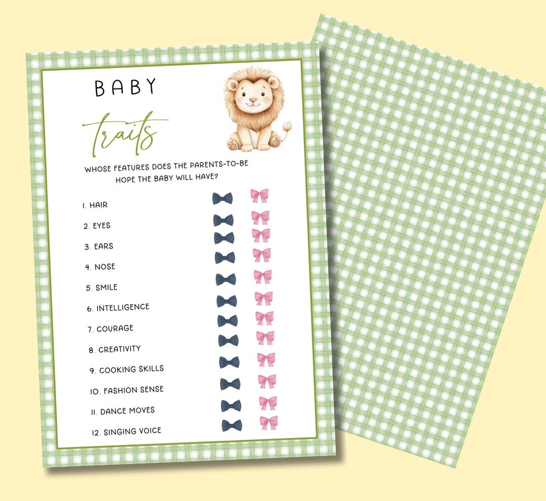 Safari Themed Baby Shower Game - Baby Traits! | Printed 5x7 | Green ...