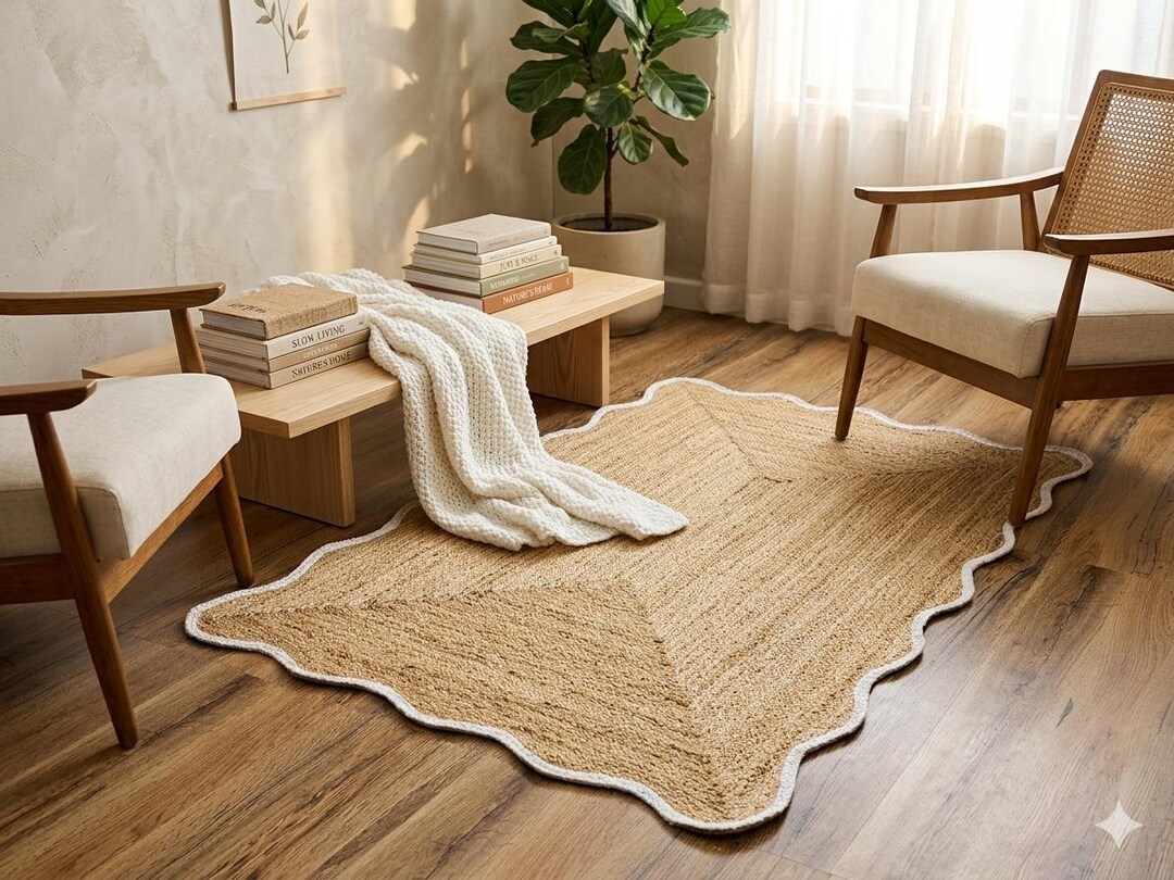 Natural White Jute Rug Scalloped Bohemian Rug Boho Décor Rug Area Jute ...