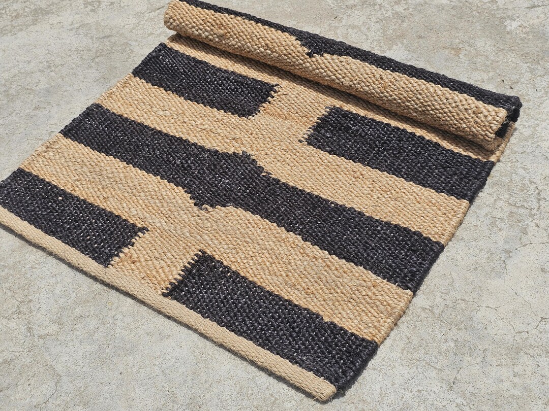 Natural Handwoven Jute Runner, Black Jute Area Rug Bohemian Hemp Rug ...