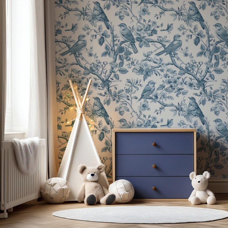 Blue Tropical Birds Wallpaper Concept - Modern Lines Wall Mural - Etsy