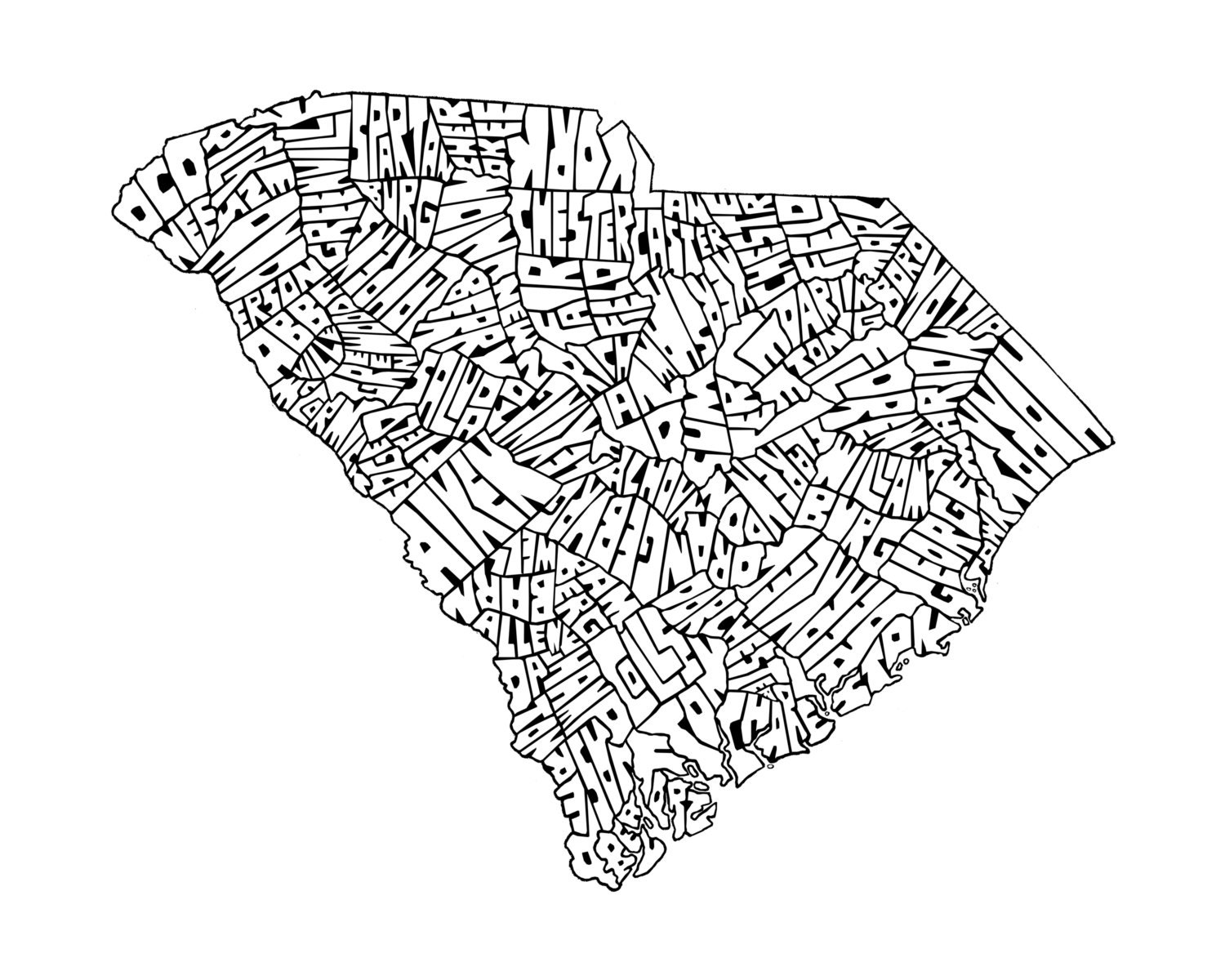 South Carolina County Map - Hand Drawing - Etsy