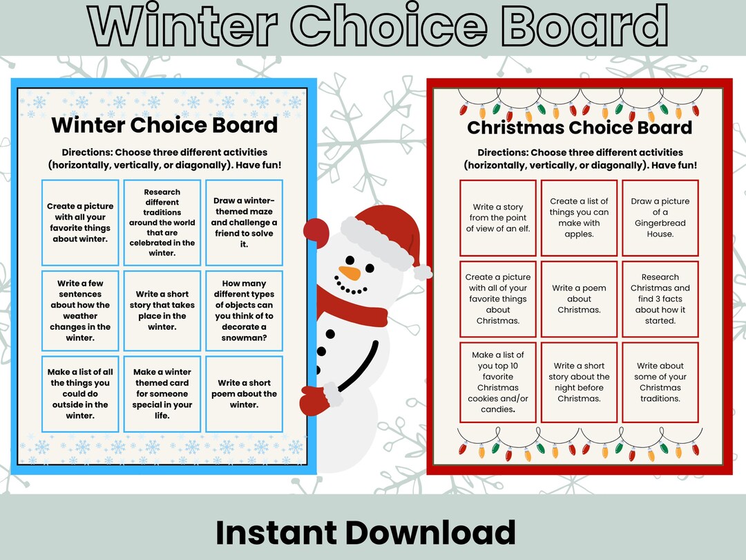 Winter Christmas Choice Board: Writing Drawing Research (digital ...
