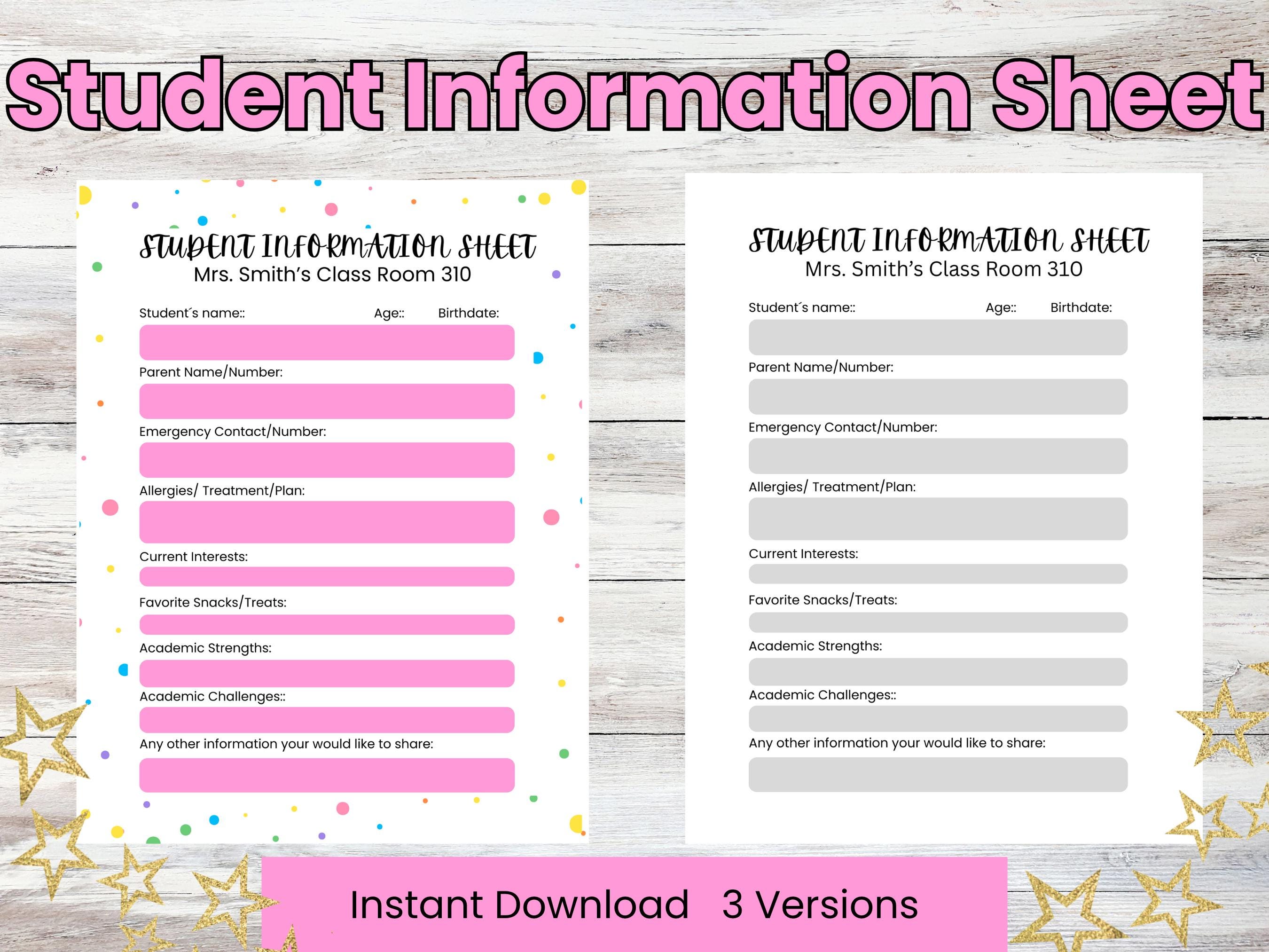 Editable Student Information Sheet | Teacher Printable | Back to School ...