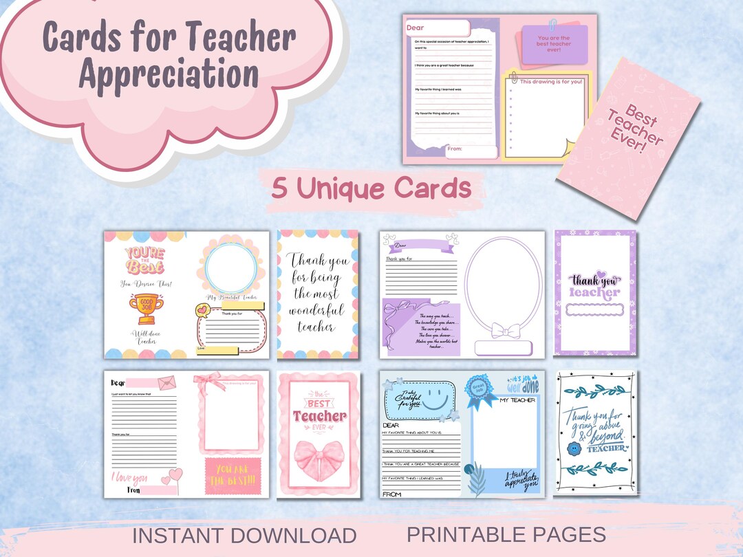 Teacher Appreciation Cards: 5 Printable Thank You Designs (PDF) - Etsy
