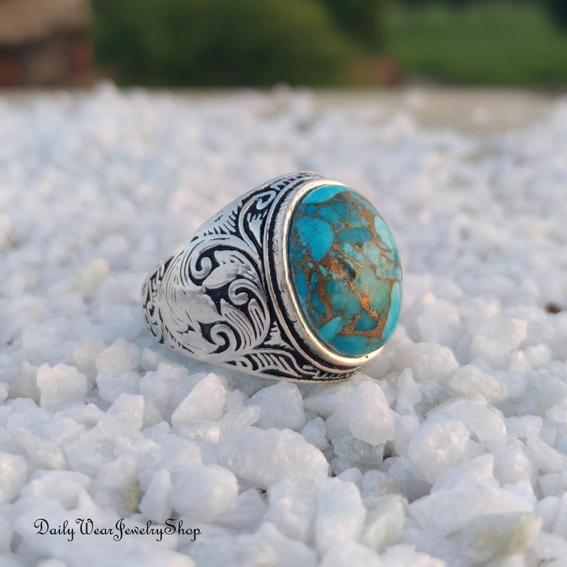 Genuine Blue Copper Turquoise Gemstone Ring, 925 Sterling Silver Ring ...