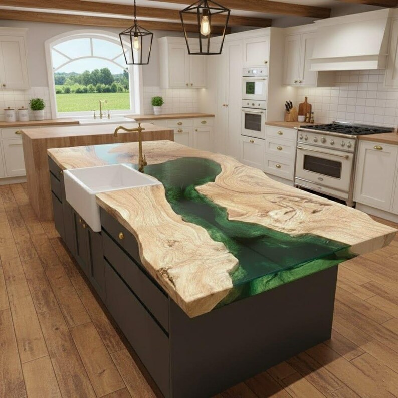 Live Edge Wood Epoxy River Kitchen Island | Green Resin Countertop ...