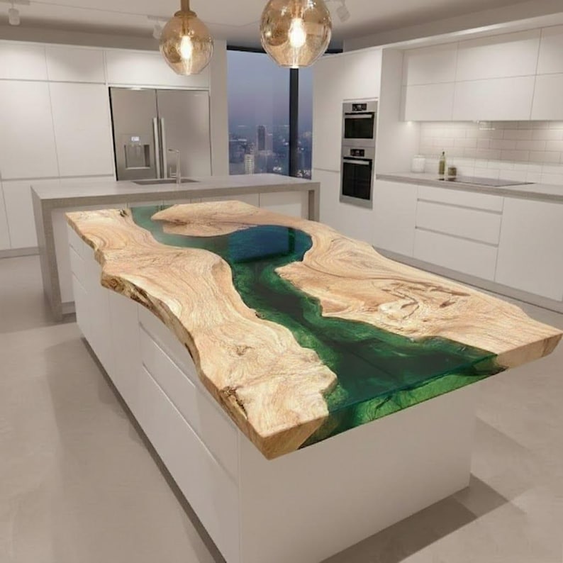 Live Edge Wood Epoxy River Kitchen Island | Green Resin Countertop ...