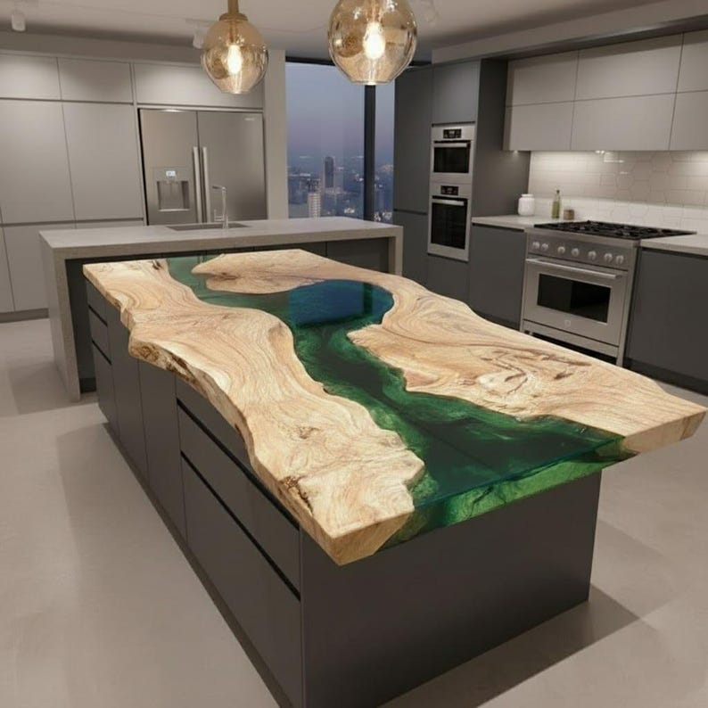 Live Edge Wood Epoxy River Kitchen Island | Green Resin Countertop ...