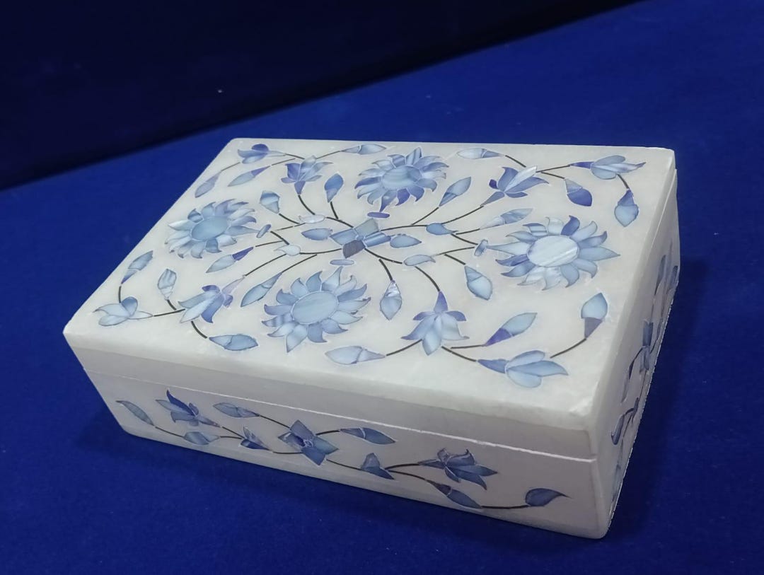 Handmade White Marble Inlay Box With Blue Mother of Pearl Design ...