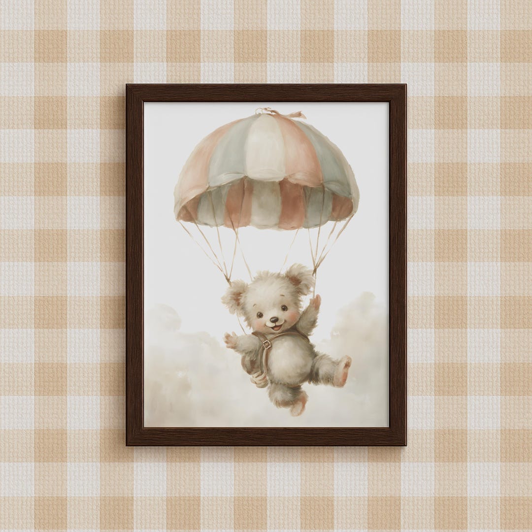 Cute Parachute Teddy Bear Nursery Wall Art – Soft Pastel Digital Print ...