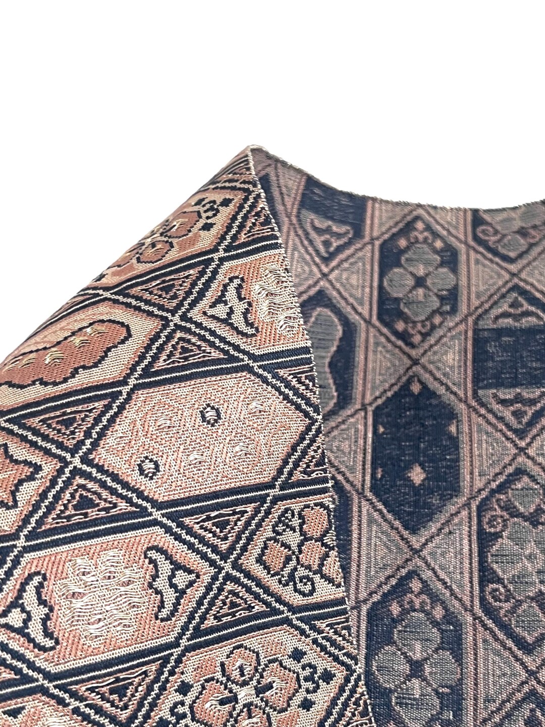 Vintage Japanese Silk Obi Fabric: Indigo Blue Beige Geometric Metallic ...