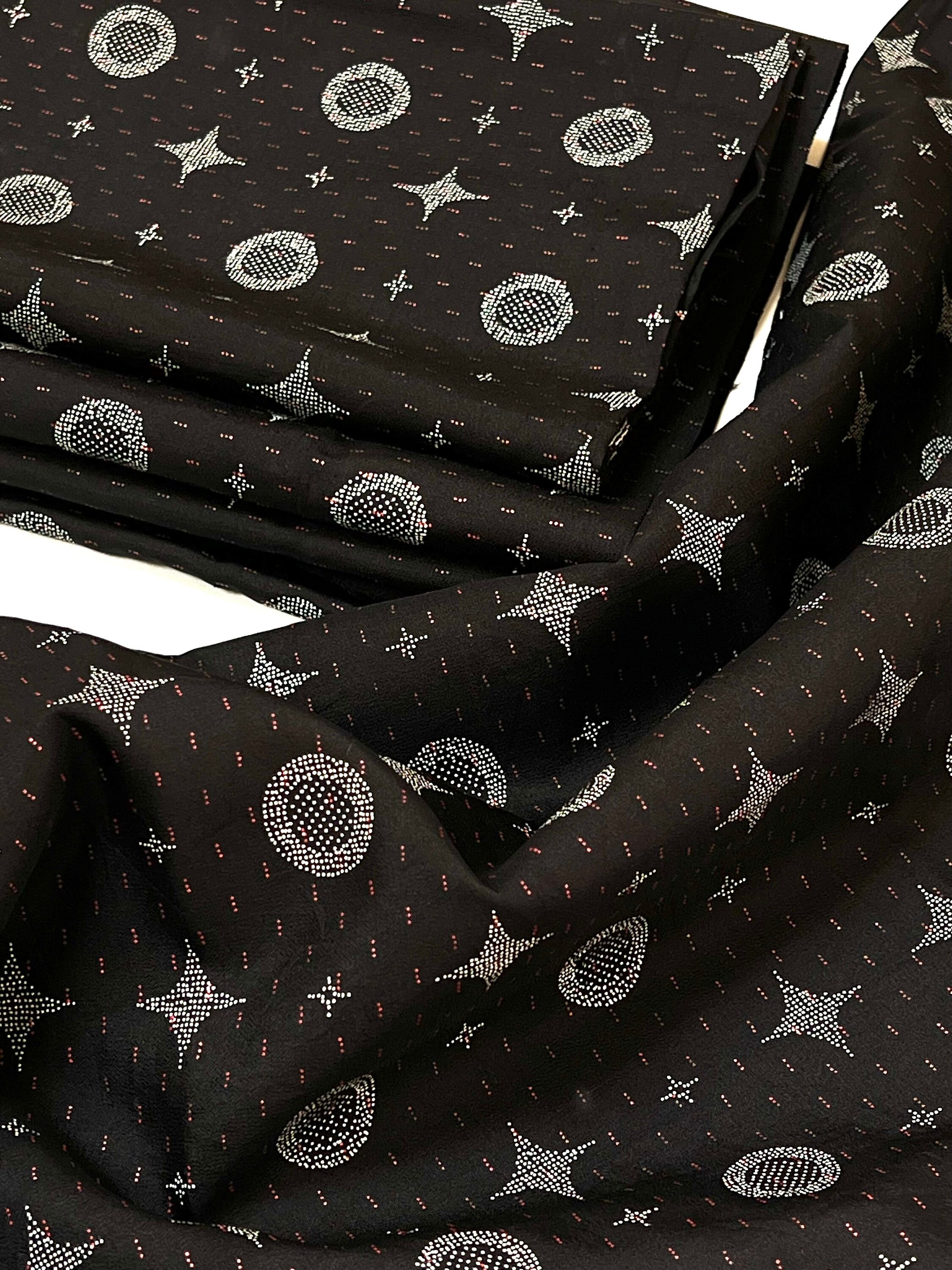 Modern Celestial Black Silk Vintage Japanese Kimono Fabric 100% Silk Reclaimed Kimono Panels ...