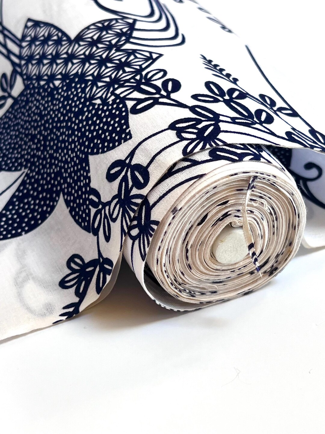 Floral and Maple Leaf Yukata Fabric: White and Indigo Blue Japanese ...