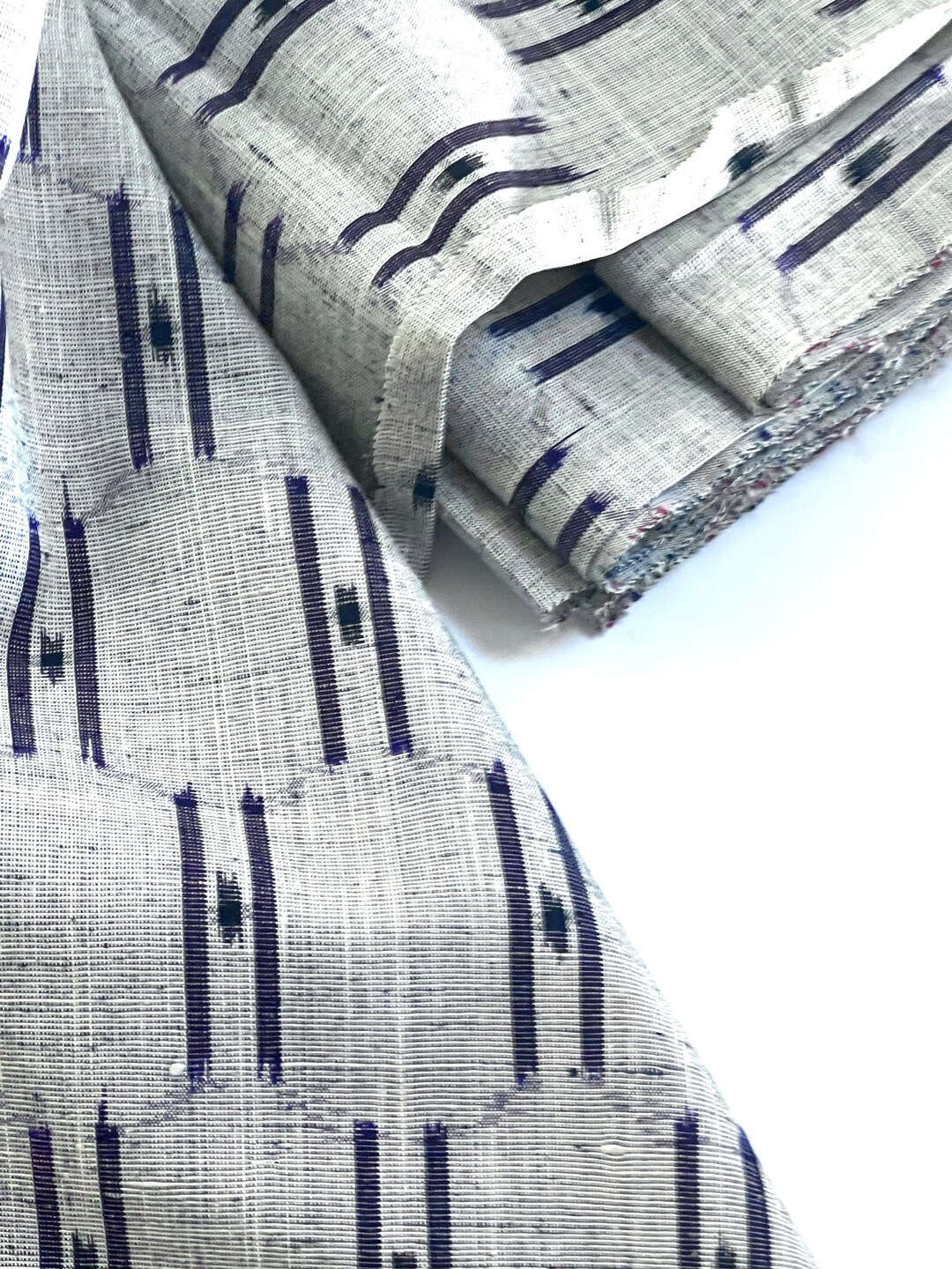 White Indigo Blue IKAT Silk Kimono Fabric Handwoven Tsumugi / Silk ...