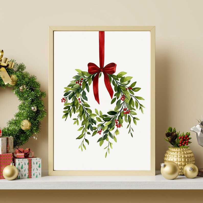 Watercolor Christmas Wreath Print, Holiday Greenery Wall Art, Red Bow ...