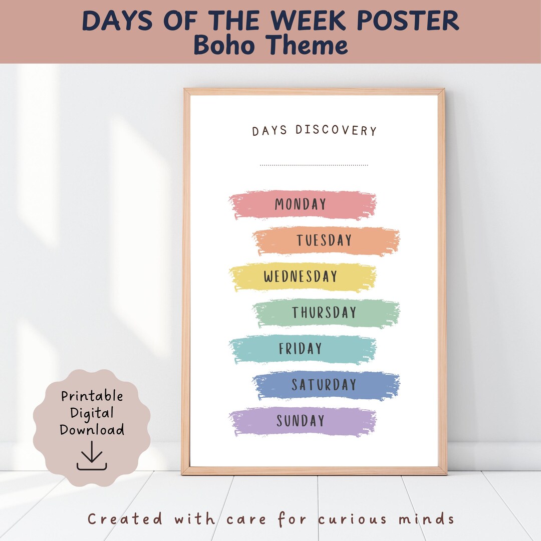 Days of the Week Educational Posters Boho Theme, Wall Art for Kids ...