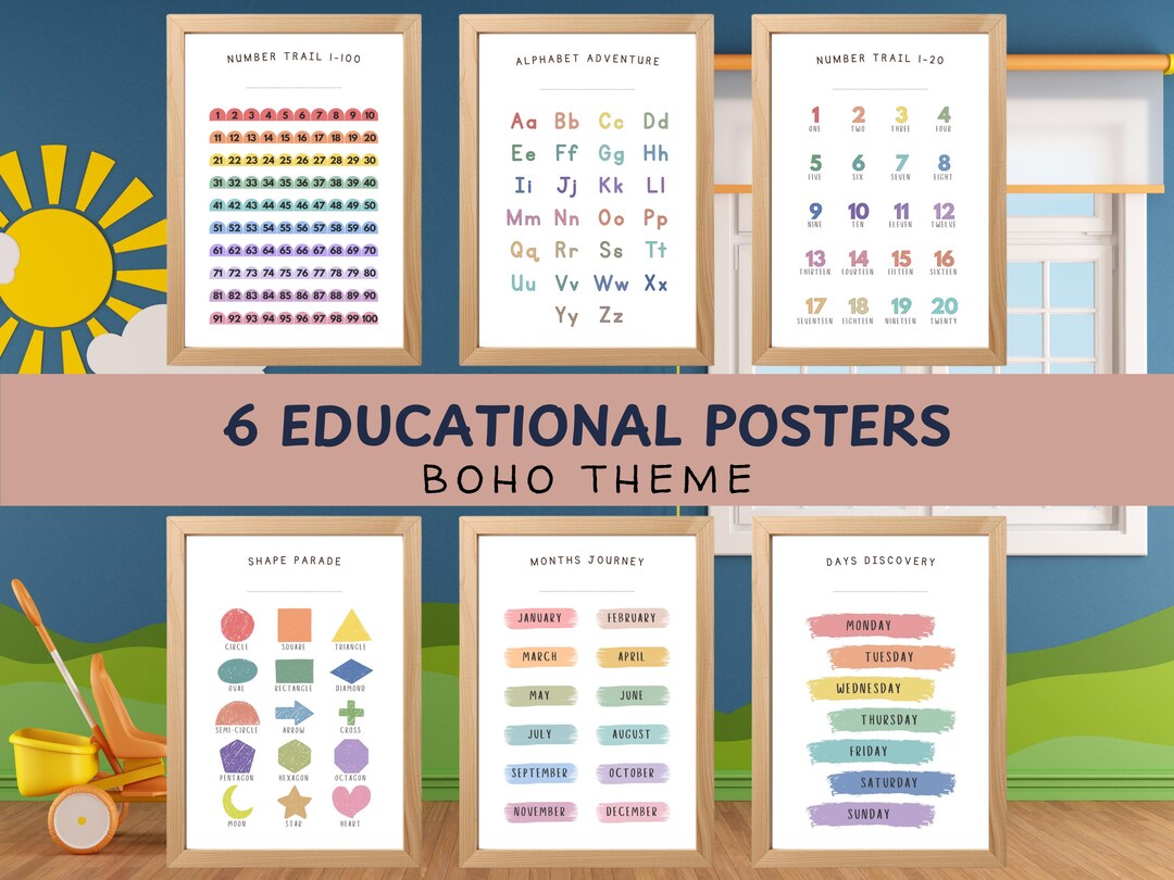 Educational Boho Posters Bundle Set Wall Art for Toddlers, Kids ...