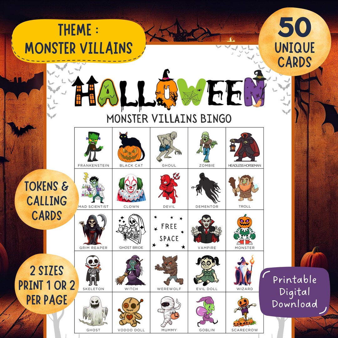 Halloween Themed Bingo Printable Game, 50 Unique Bingo Cards, Halloween ...