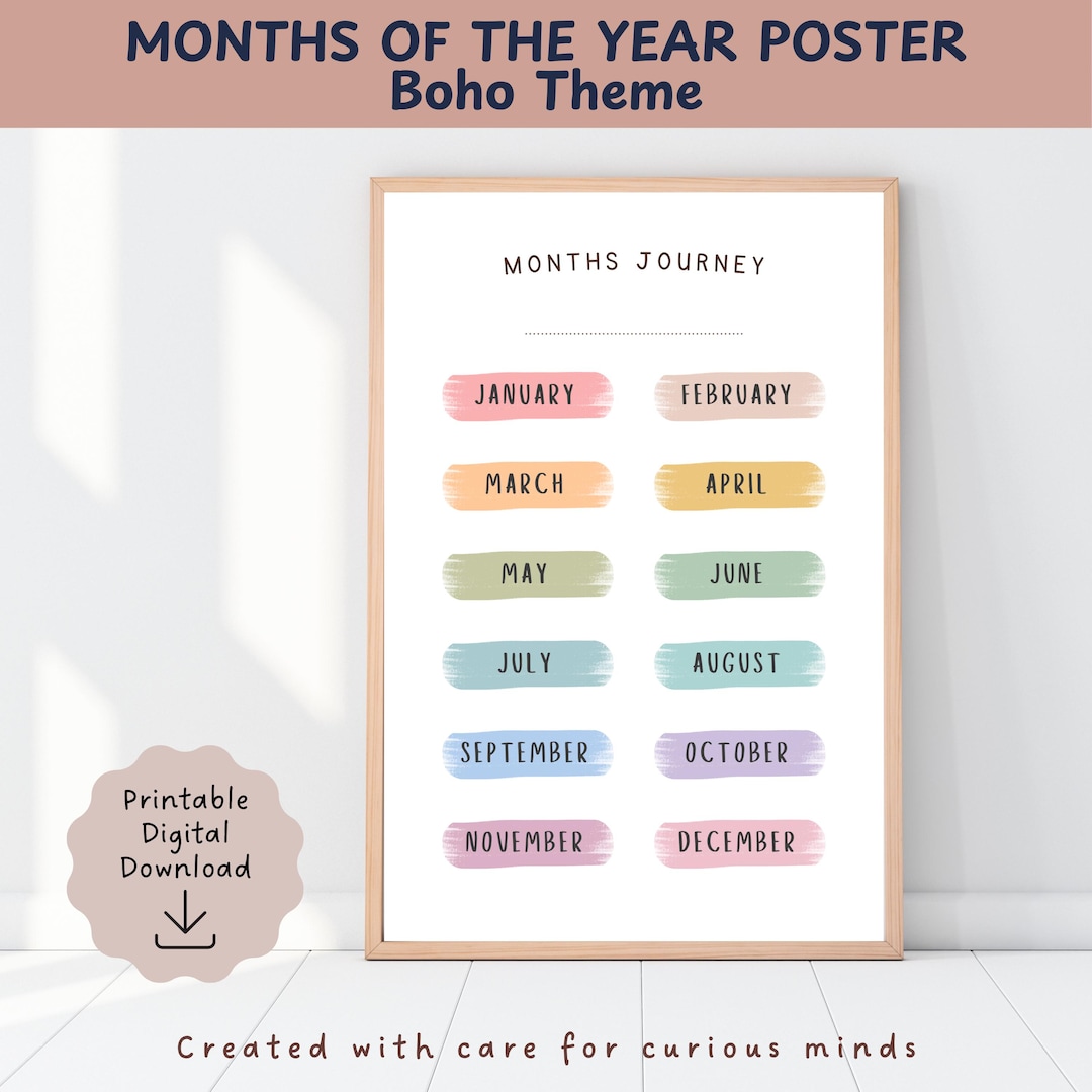 Months of the Year Educational Posters Boho Theme, Wall Art for Kids ...