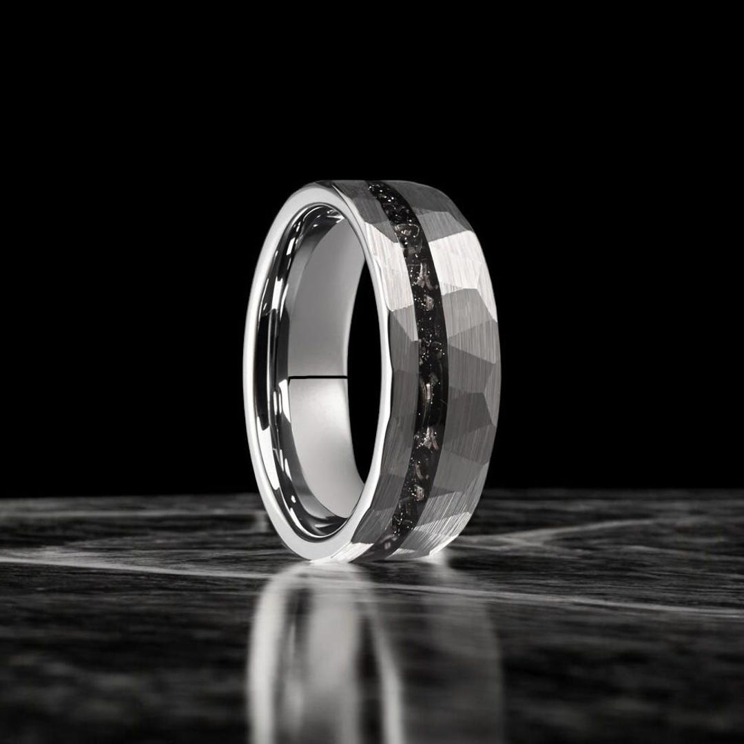 Hammered Meteorite Inlay Couple 8MM Tungsten Carbide Wedding Ring - Etsy