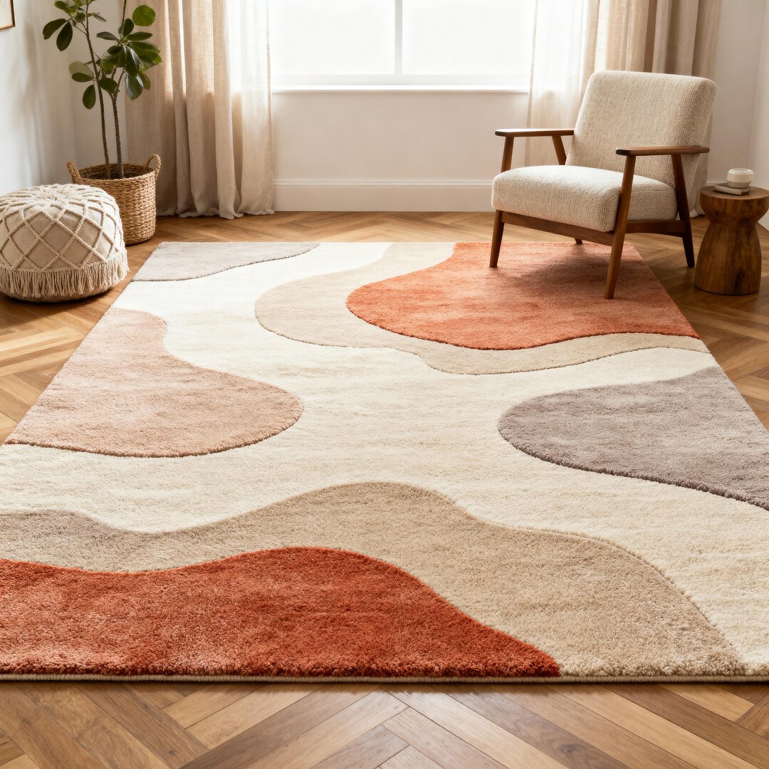 Modern Abstract Wave Area Rug Rust Beige Cream Carpet Soft Living Room ...