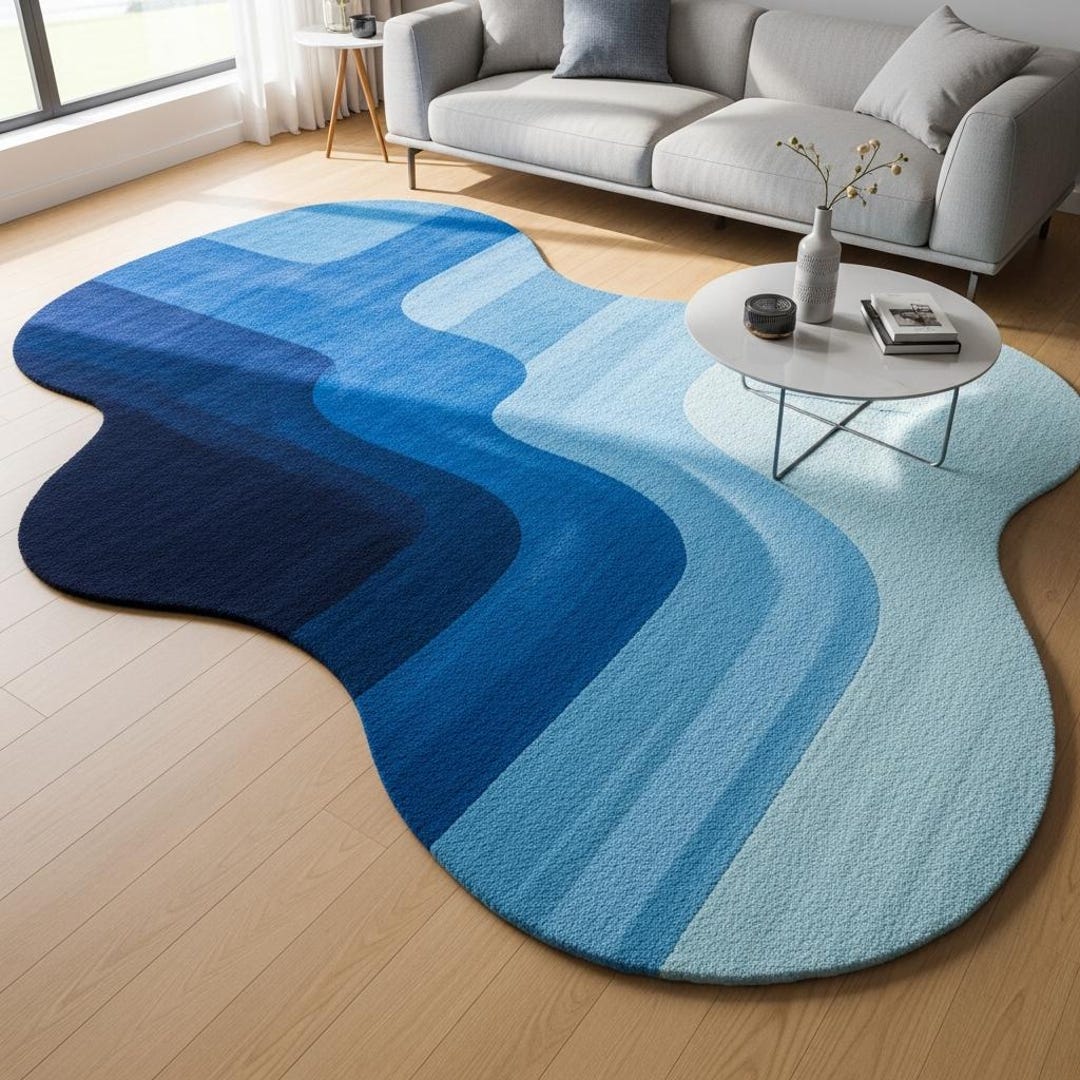 Modern Abstract Wave Rug, Blue Gradient Curvy Carpet, Ocean-inspired ...