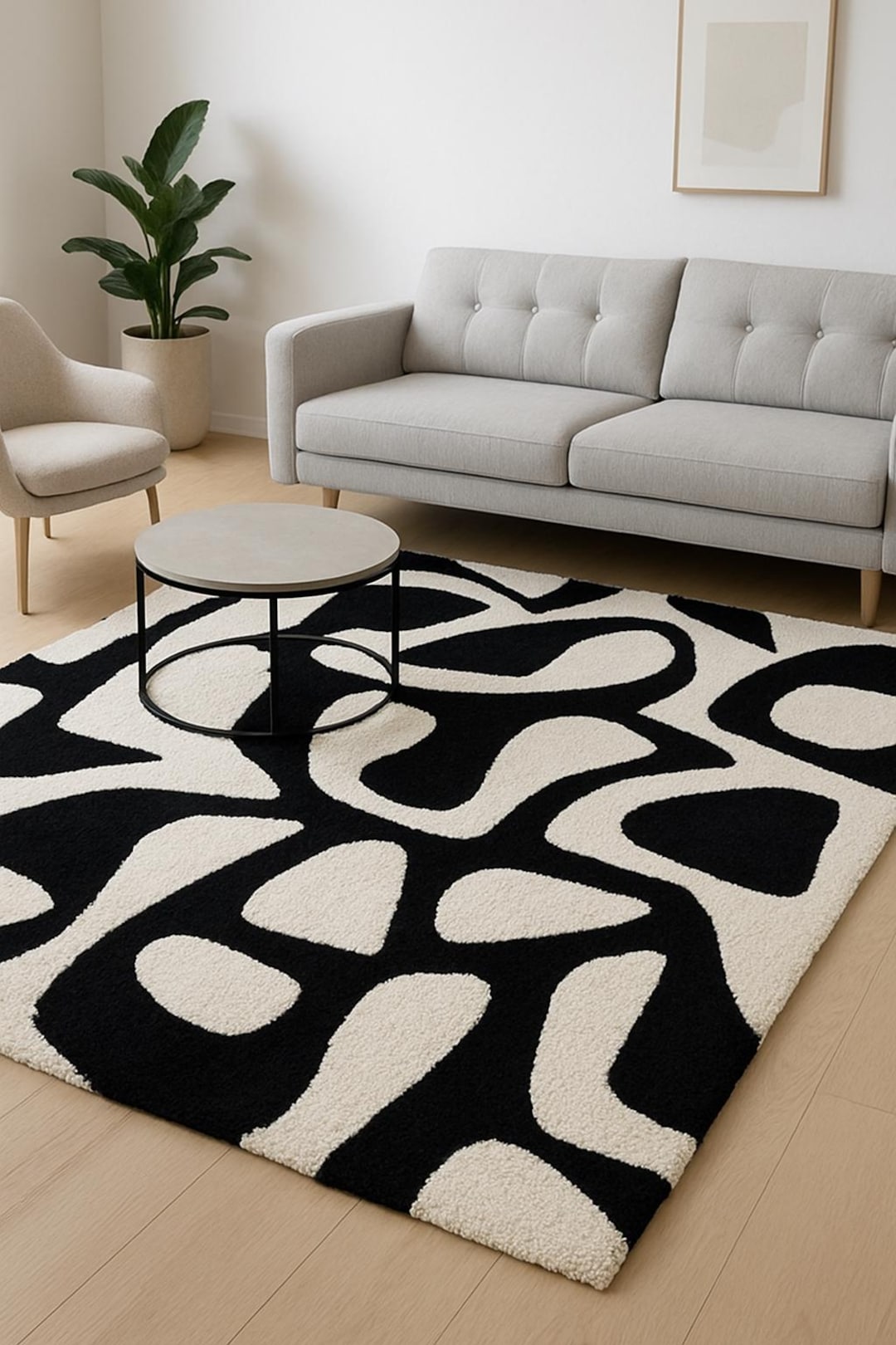Modern Black and White Abstract Rug in Minimalist Living Room - Etsy