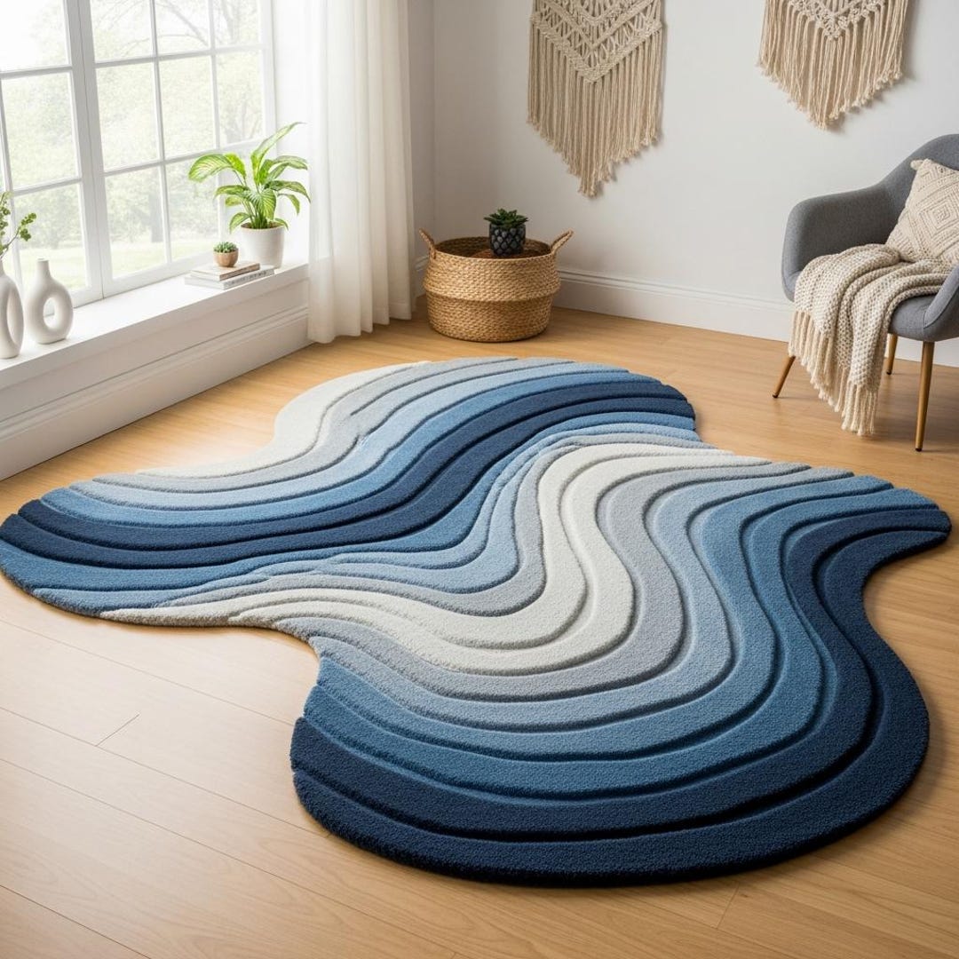 Modern Abstract Wave Rug | 3D Layered Blue Gradient Carpet | Handmade ...