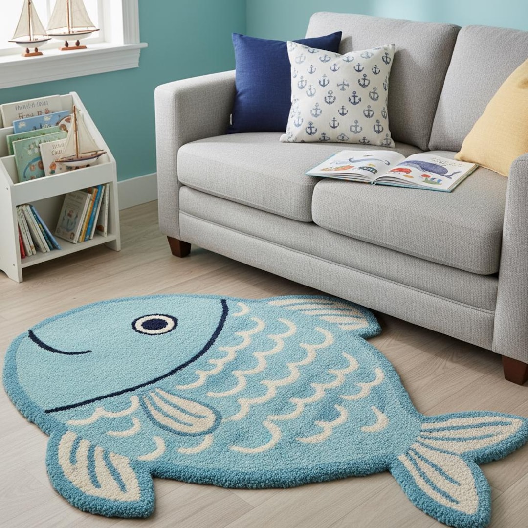 Cute Blue Fish Shaped Rug for Kids Room | Ocean Theme Nursery Carpet ...