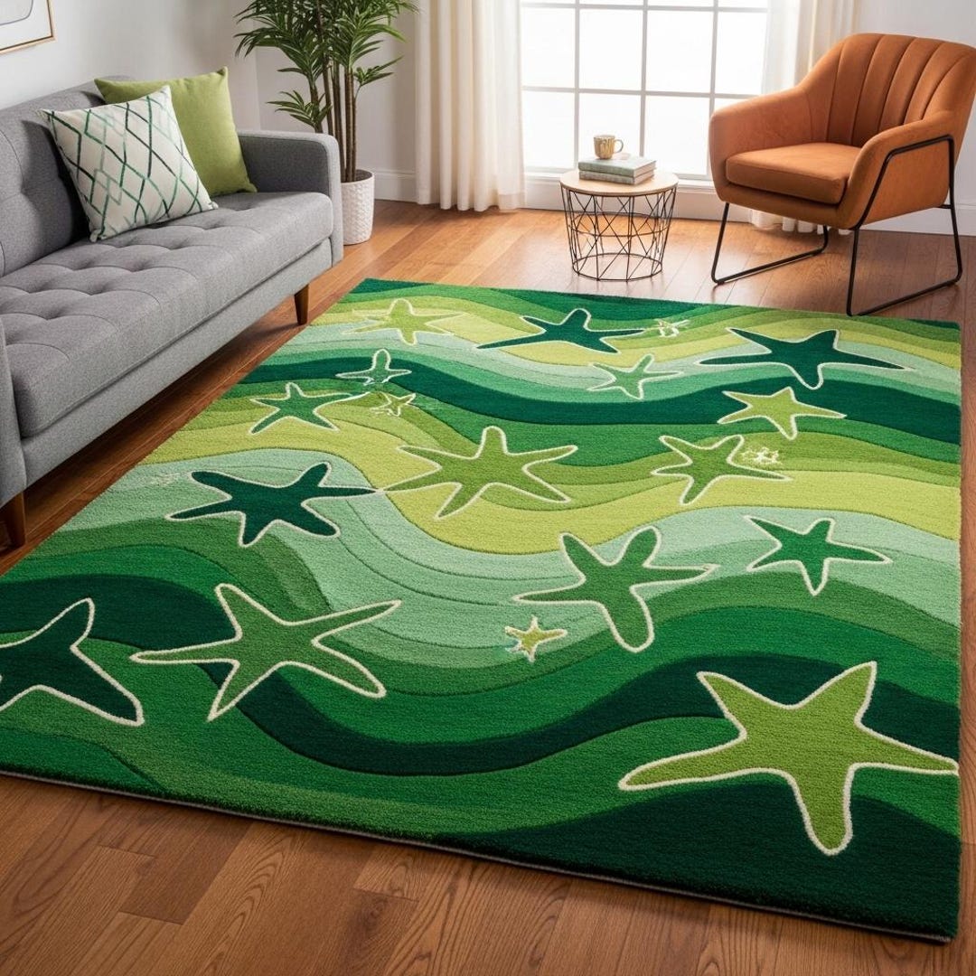 Green Starfish Tufted Rug – Ocean Wave Pattern Carpet for Living Room ...