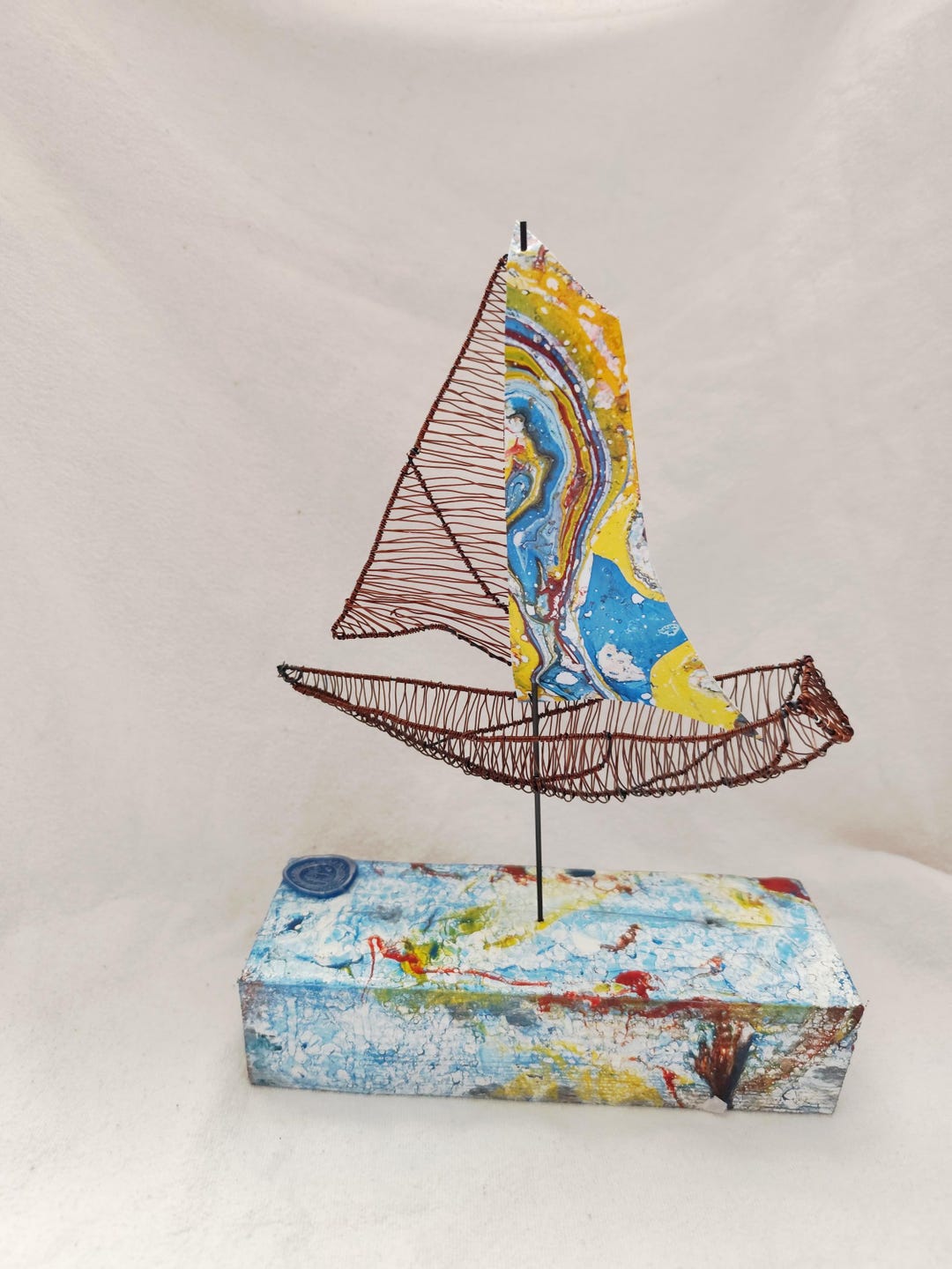 Wire Ship Sculpture With Ebru Art Base - Etsy