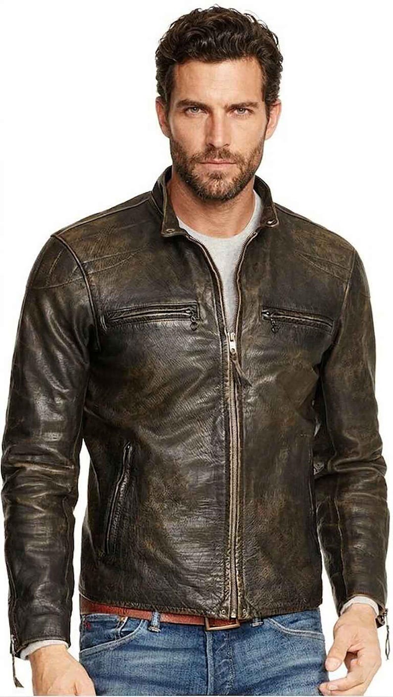 Men 90s Vintage Brown Leather Jacket, Men's Handmade Casual Wear ...