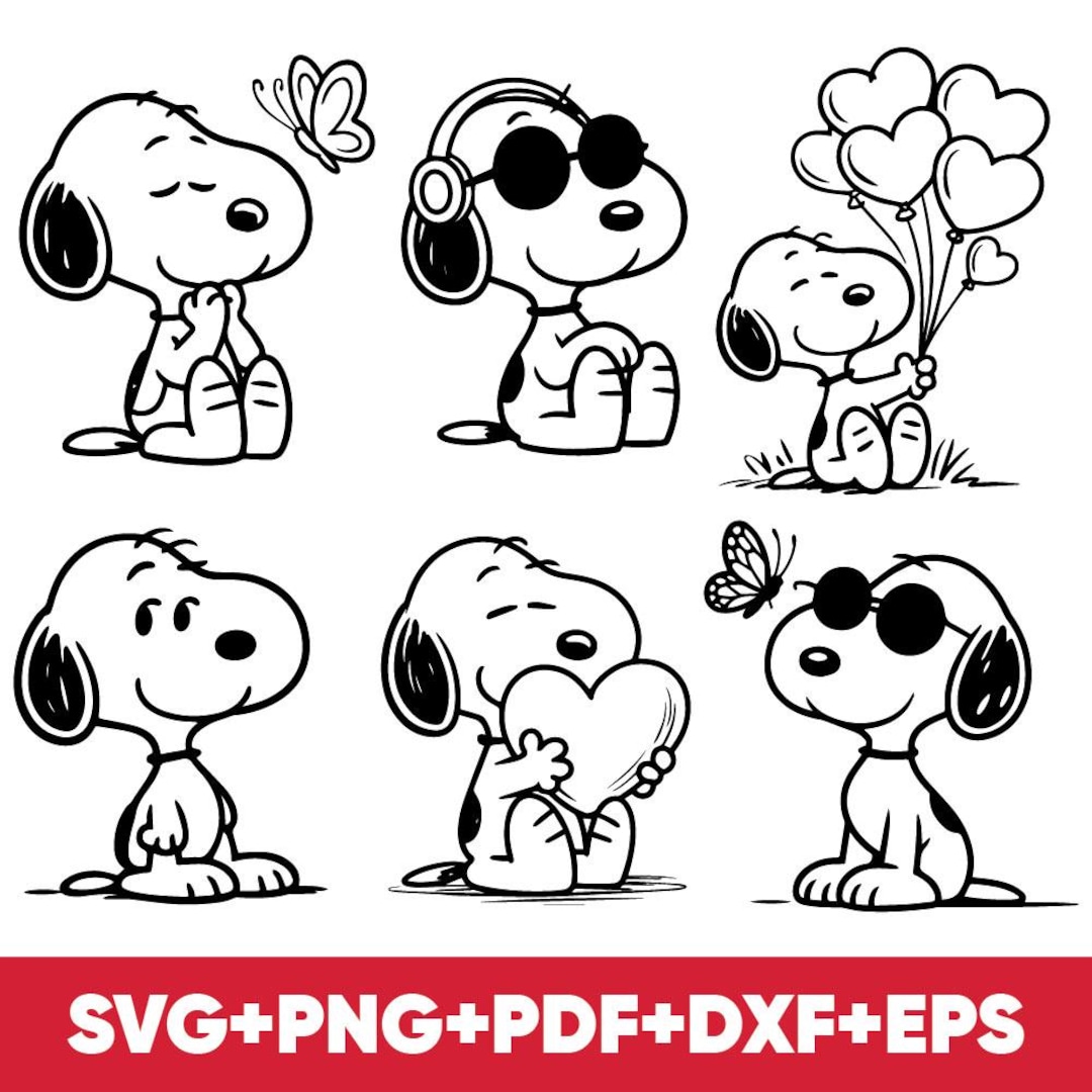 Snoopy-inspired Dog SVG Bundle, Cute Beagle Cartoon Line Art, Valentine ...