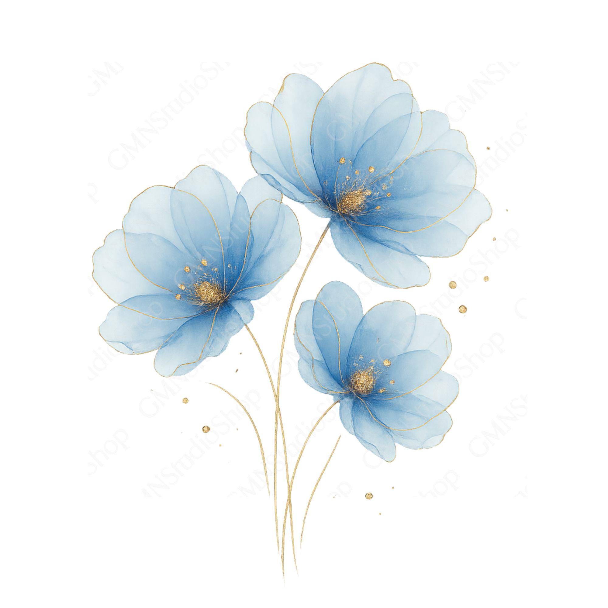 Blue & Gold Watercolor Floral Clipart, Luxury Flowers (12 Pngs ...