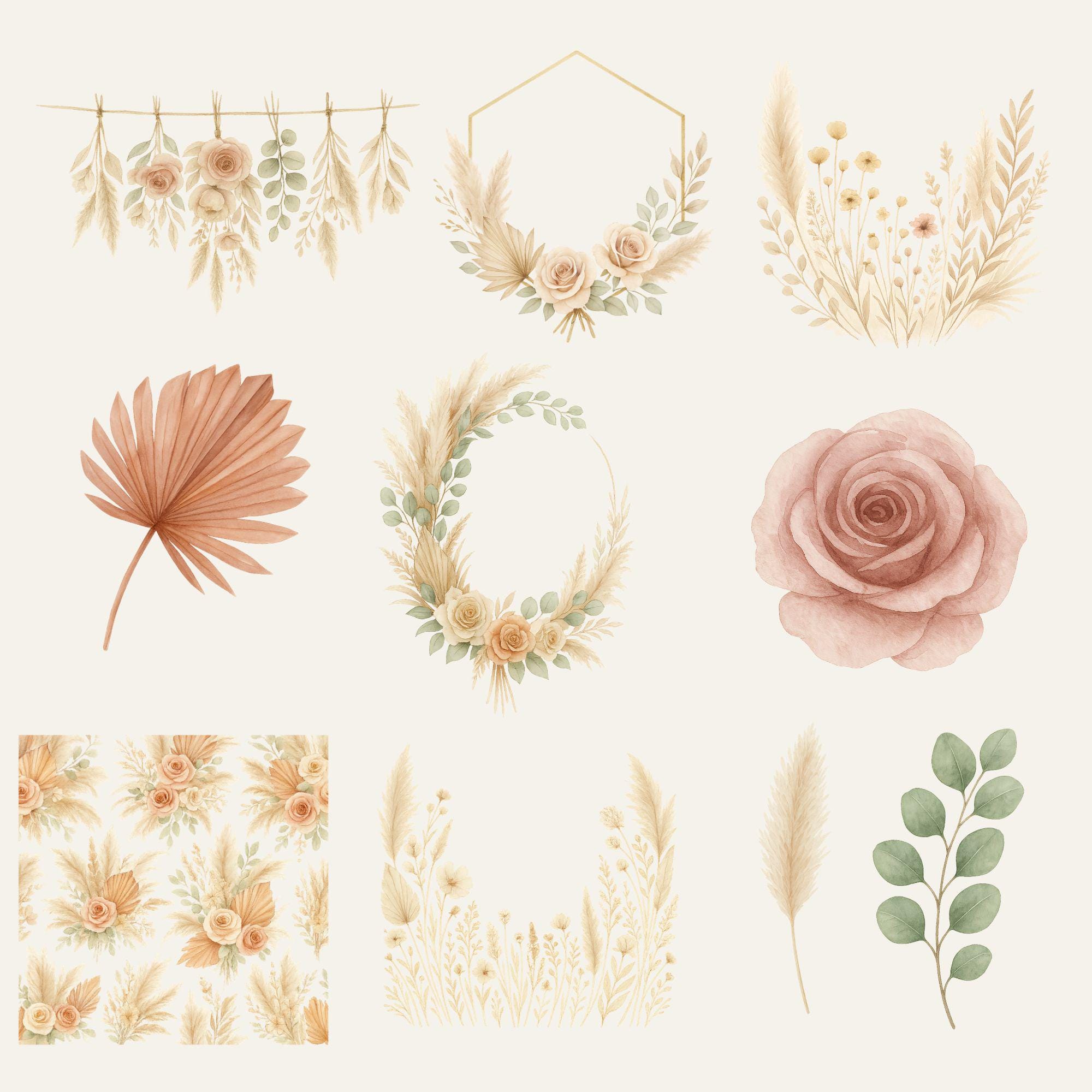 Boho Watercolor Flower Clipart, 20 PNG Earth Tone Floral Elements ...