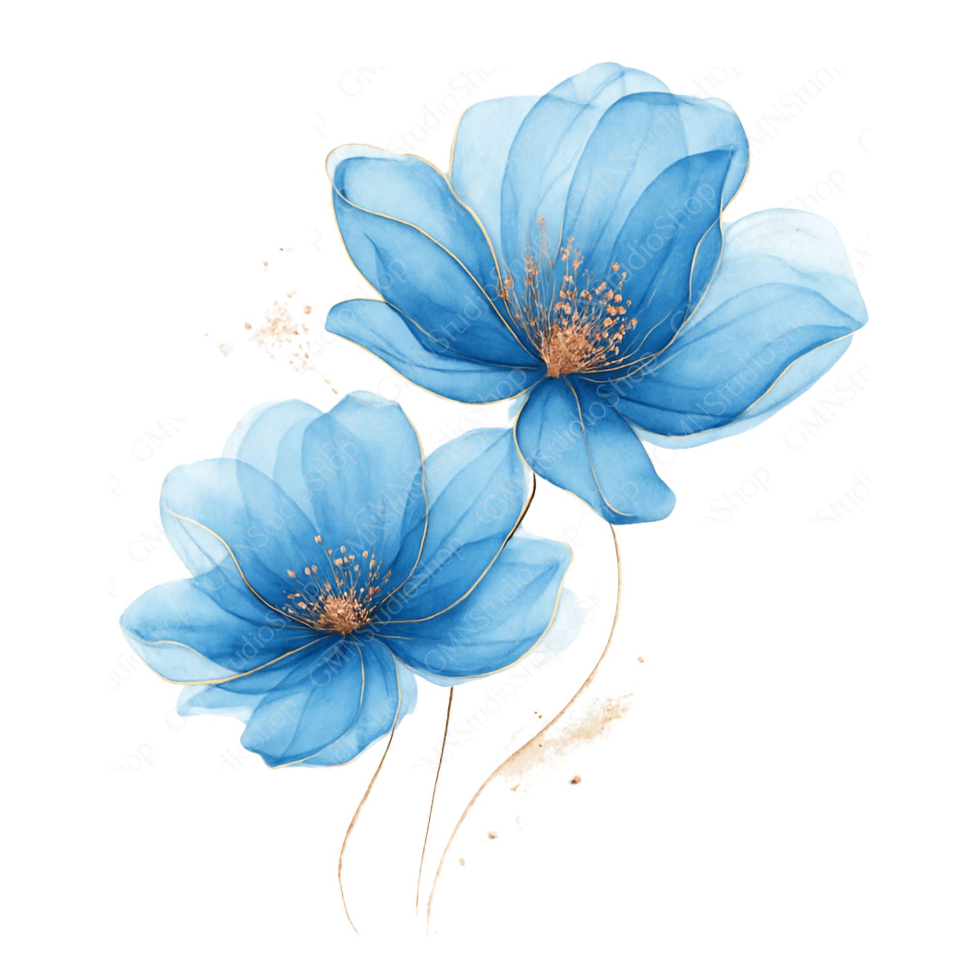 Blue & Gold Watercolor Floral Clipart, Luxury Flowers (12 Pngs ...