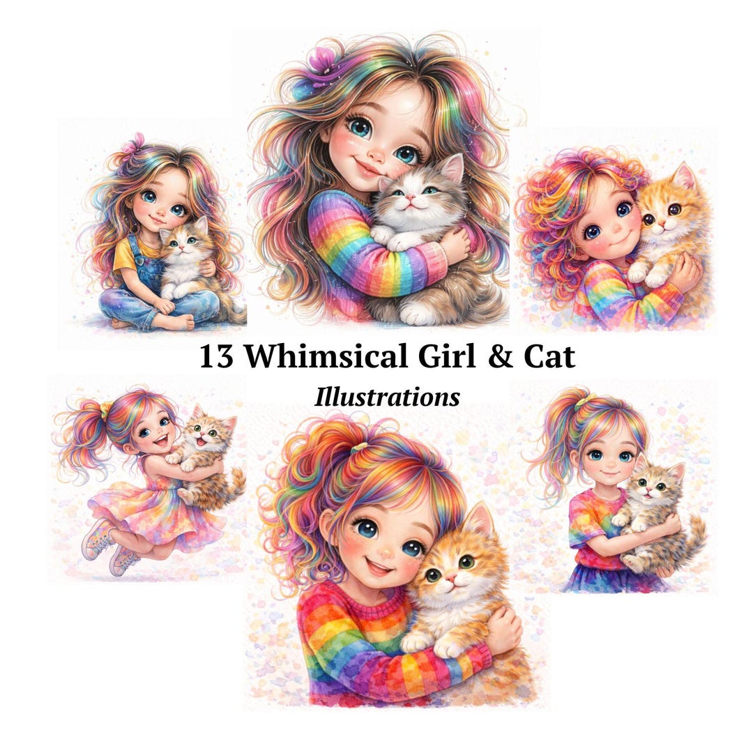 Watercolor Girl and Cat Clipart, Nursery Art Illustrations (digital ...