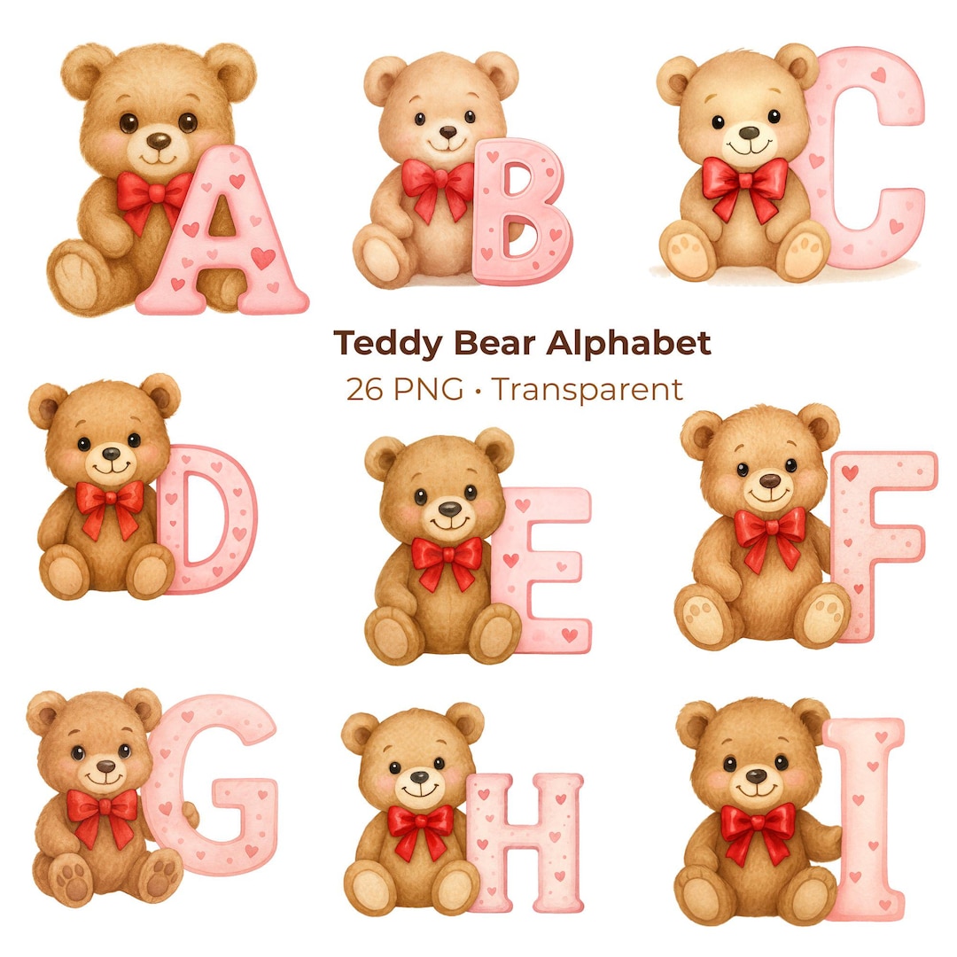 Teddy Bear Alphabet Clipart, Valentine Letters (PNG Digital Download ...
