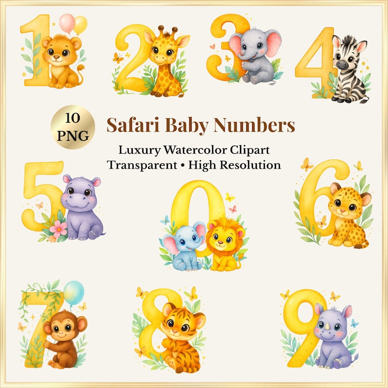 Safari Numbers Clipart PNG, Baby Jungle Animal Numbers 0-9 Watercolor ...