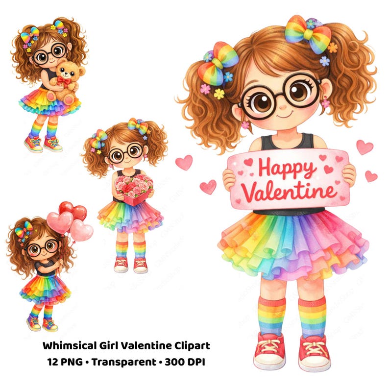 Whimsical Valentine Girl Clipart, Cute Rainbow Girl PNG, Valentine Kids ...