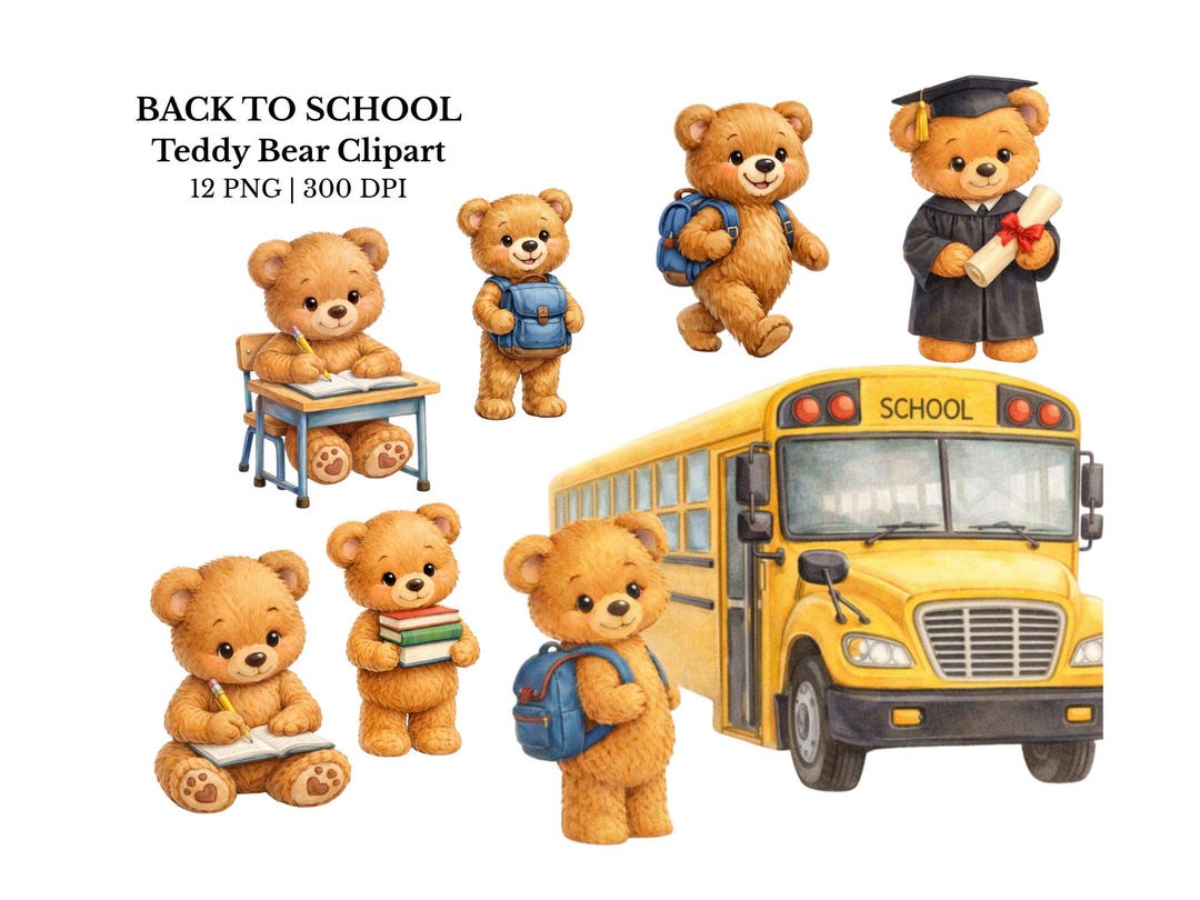 Watercolor Teddy Bear Clipart Bundle, Back to School PNG (digital ...