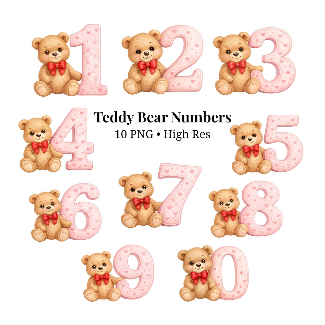 Teddy Bear Numbers PNG, Baby Girl Birthday Clipart, Pink Bear Set ...