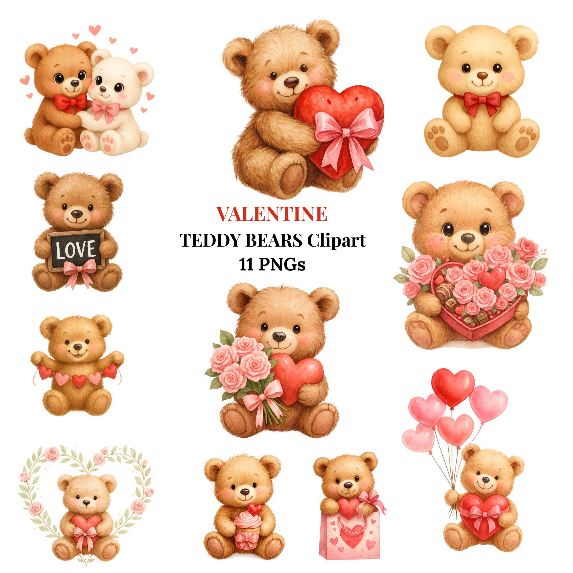 Valentine Teddy Bear PNG Clipart, Watercolor Style (digital Download ...