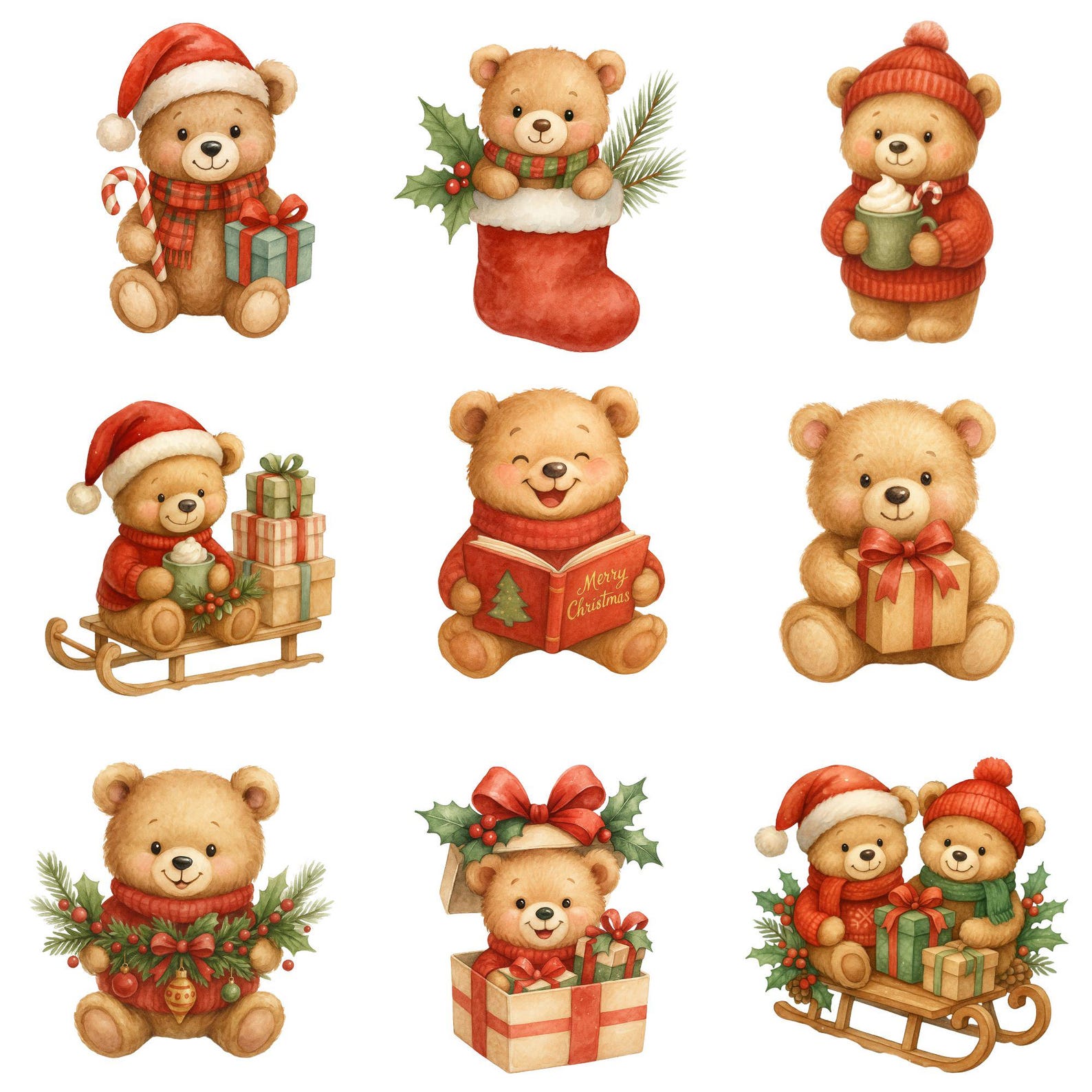 Watercolor Christmas Bear Clipart Set, Teddy Bears PNG (digital ...
